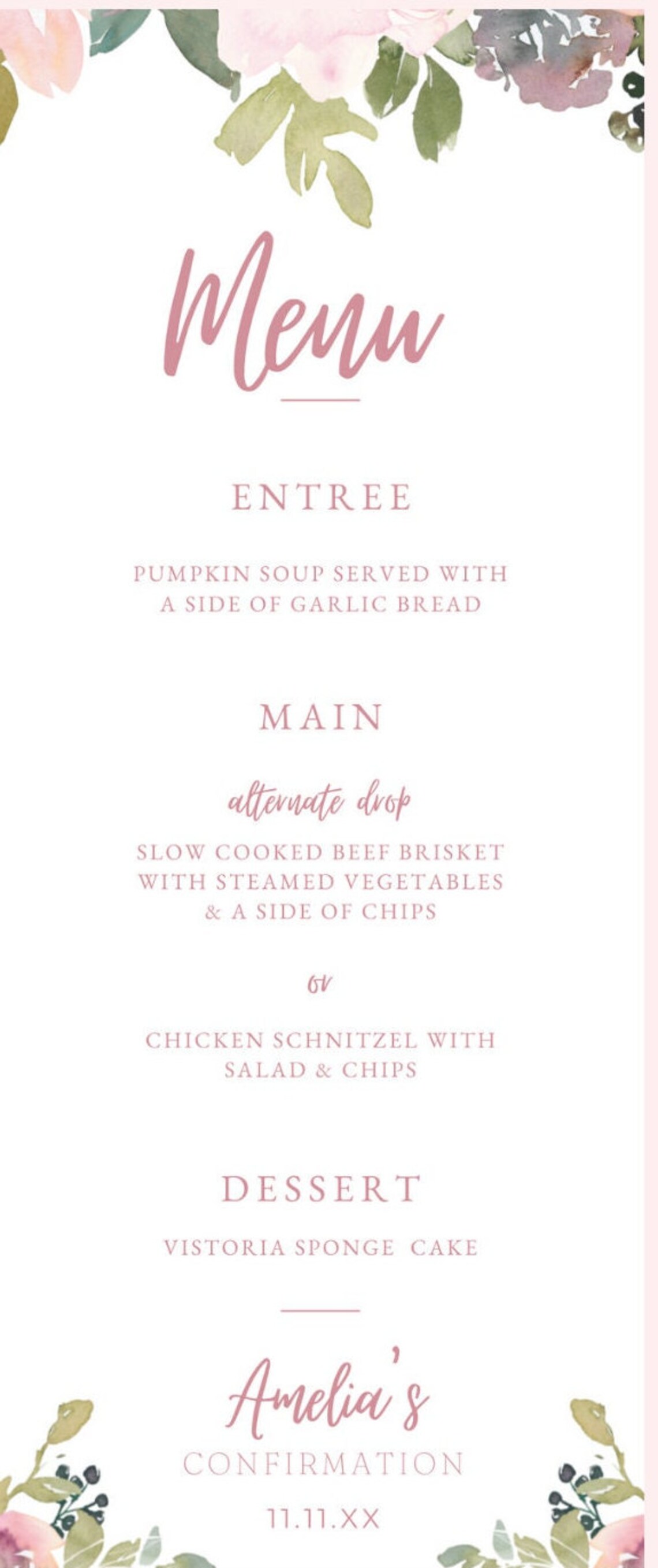 Boho Blush Pink Floral Printable Menu and Place Cards Template Set ...