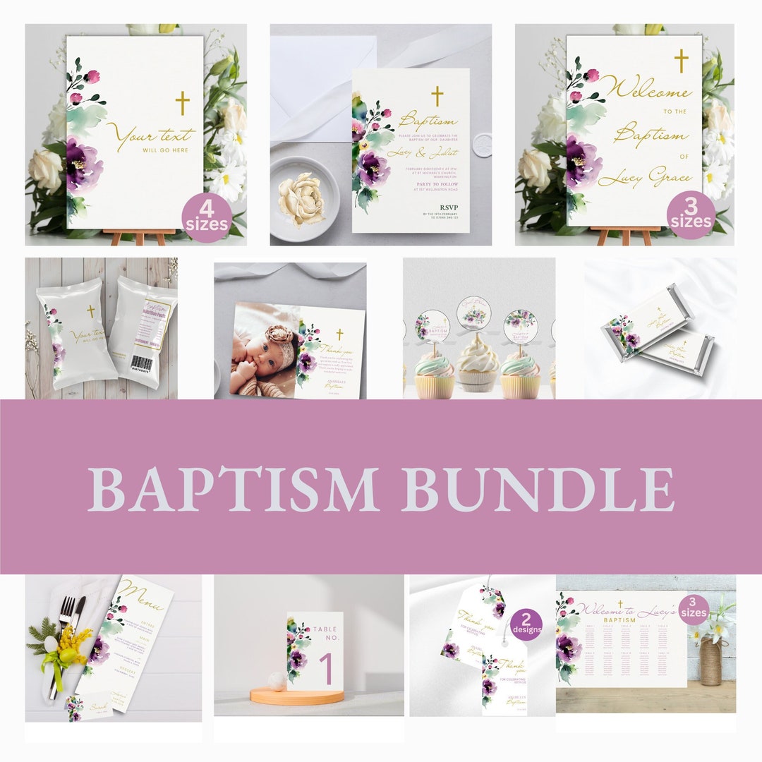 Baptism Invitation Bundle, Girls Baptism, Purple Christening Bundle, Boho Floral Baptism ...