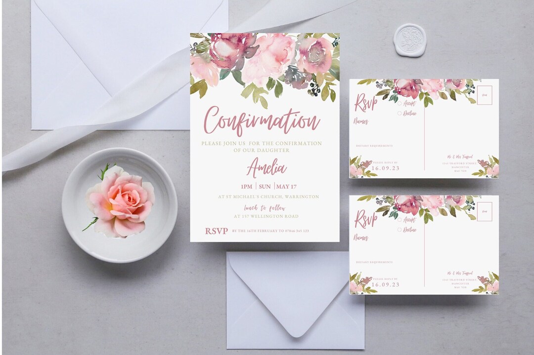 Blush Pink Floral Confirmation Invitation and RSVP Template, Printable ...