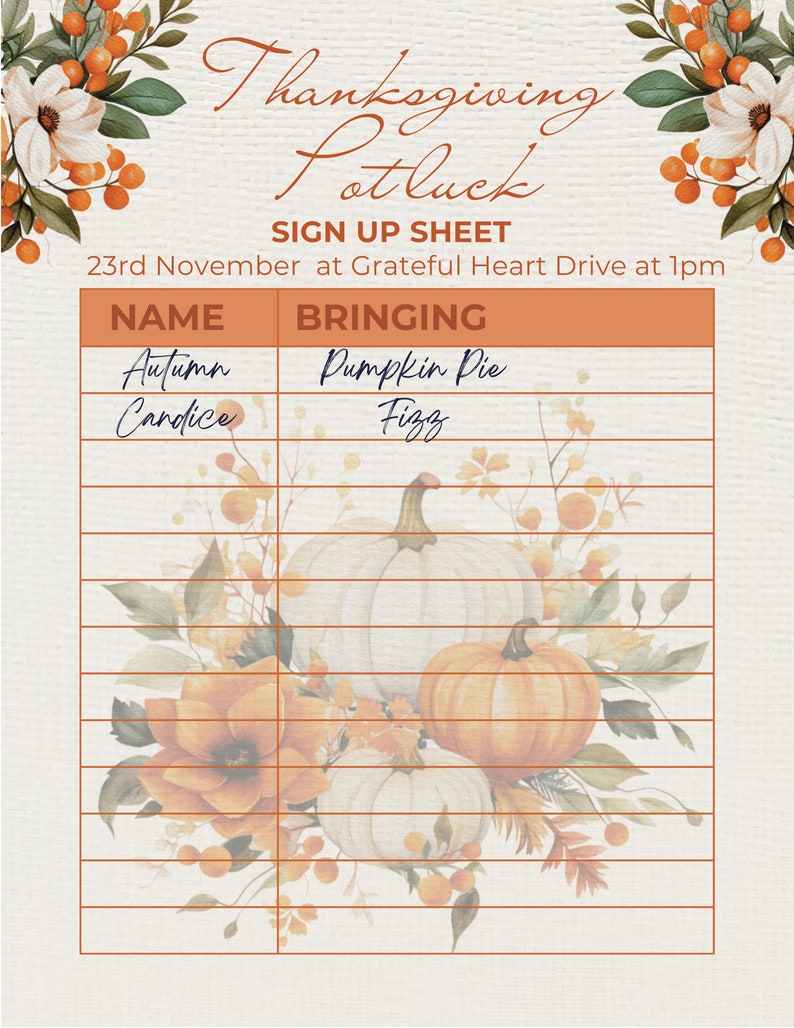 Editable Thanksgiving Sign up Sheet, Thanksgiving Potluck Sign up Sheet ...