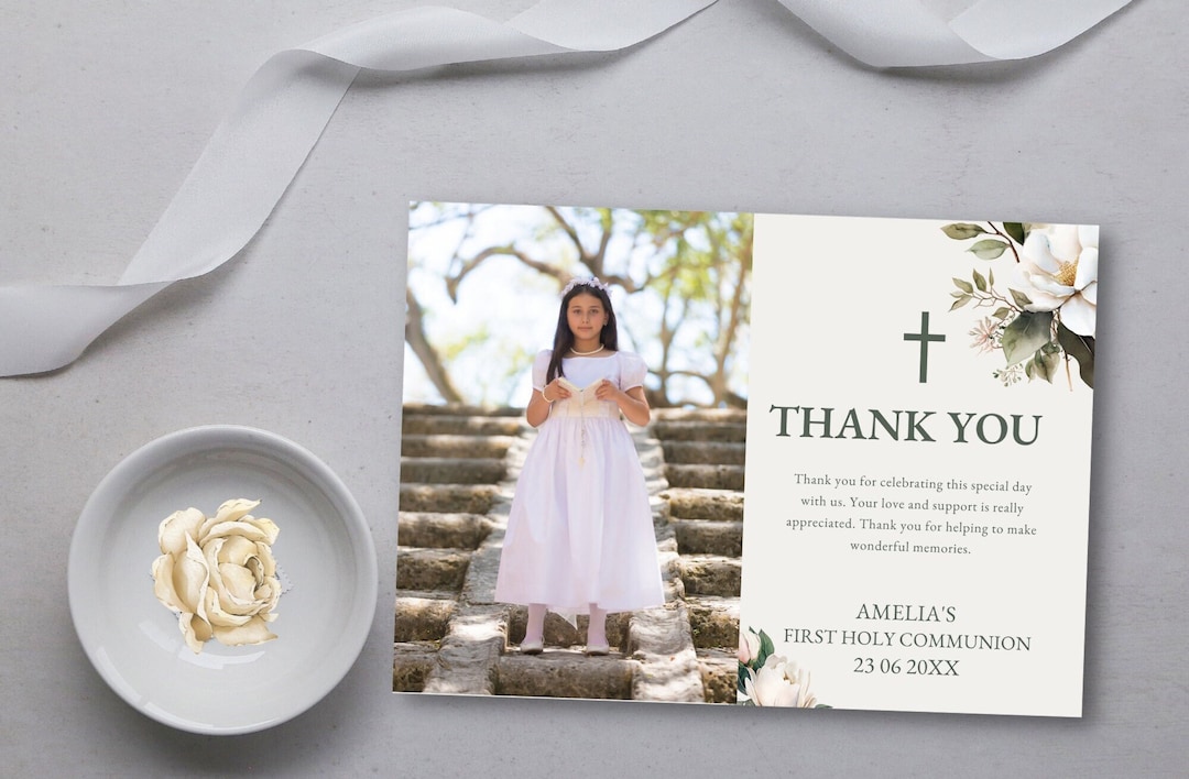 Holy Communion Thank You Card Template, Photo Thank You, Elegant Floral ...