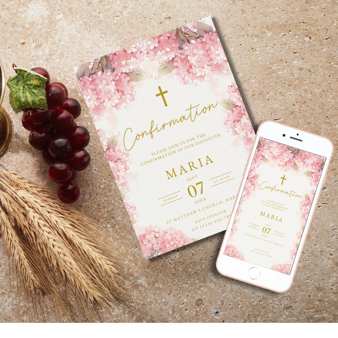 Blush Pink Confirmation Invitation Editable Template Hydrangea ...