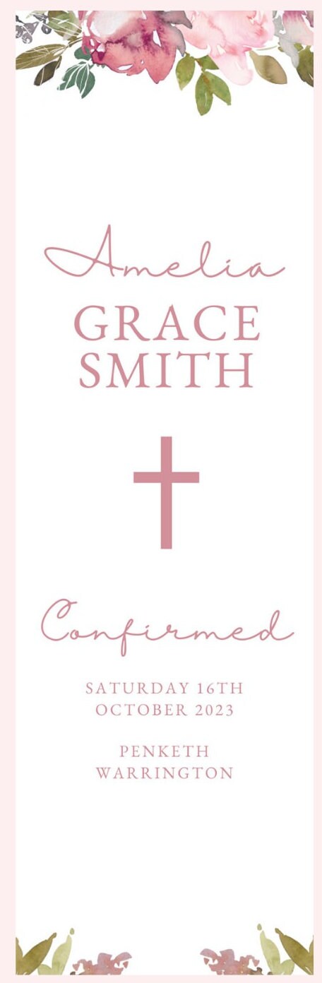 Confirmation Blush Pink Floral Printable Favour Bookmark 2.1x 8.6 in 2 ...