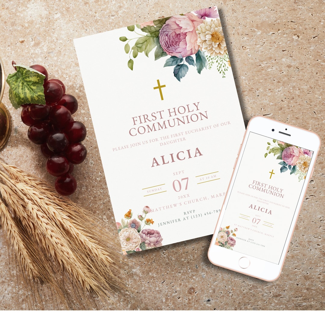 Pink First Holy Communion Invitation Template Pink Watercolor Communion ...