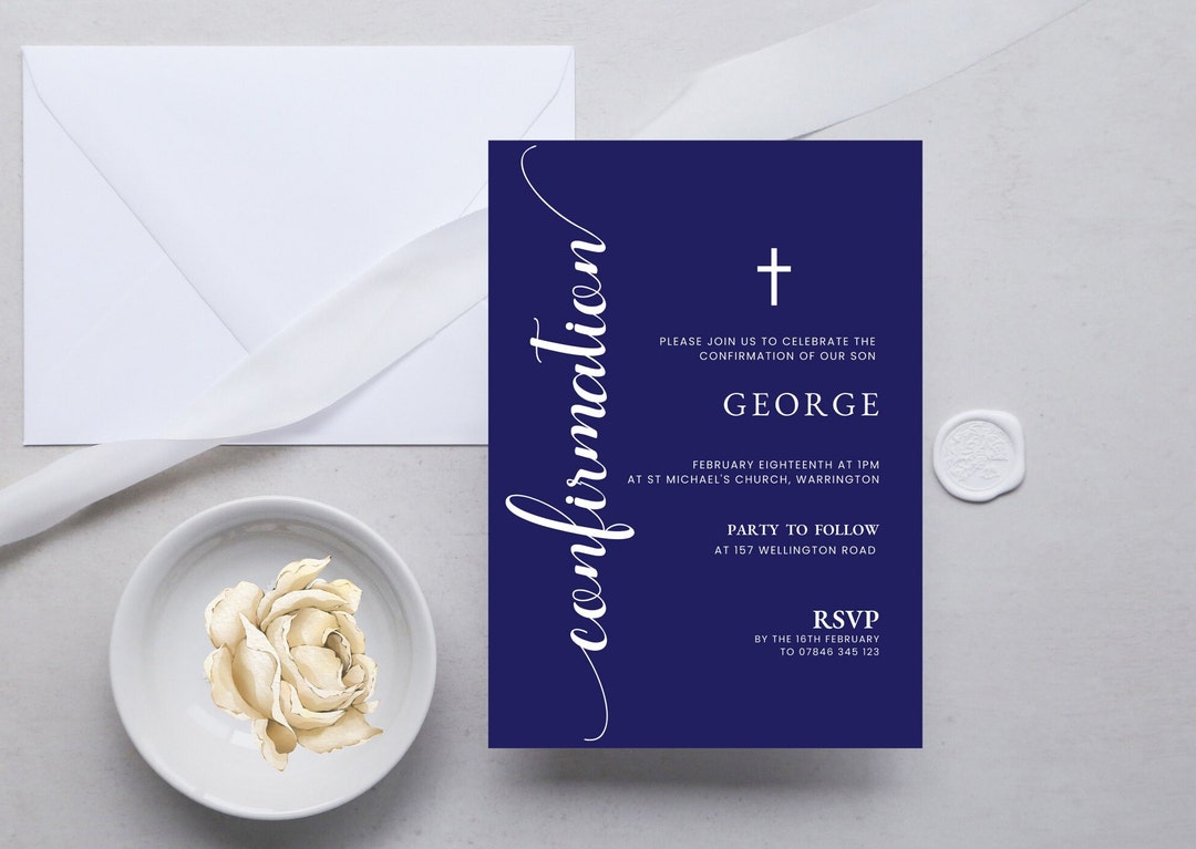 Dark Blue Confirmation Invitation Template Modern Confirmation Invite ...