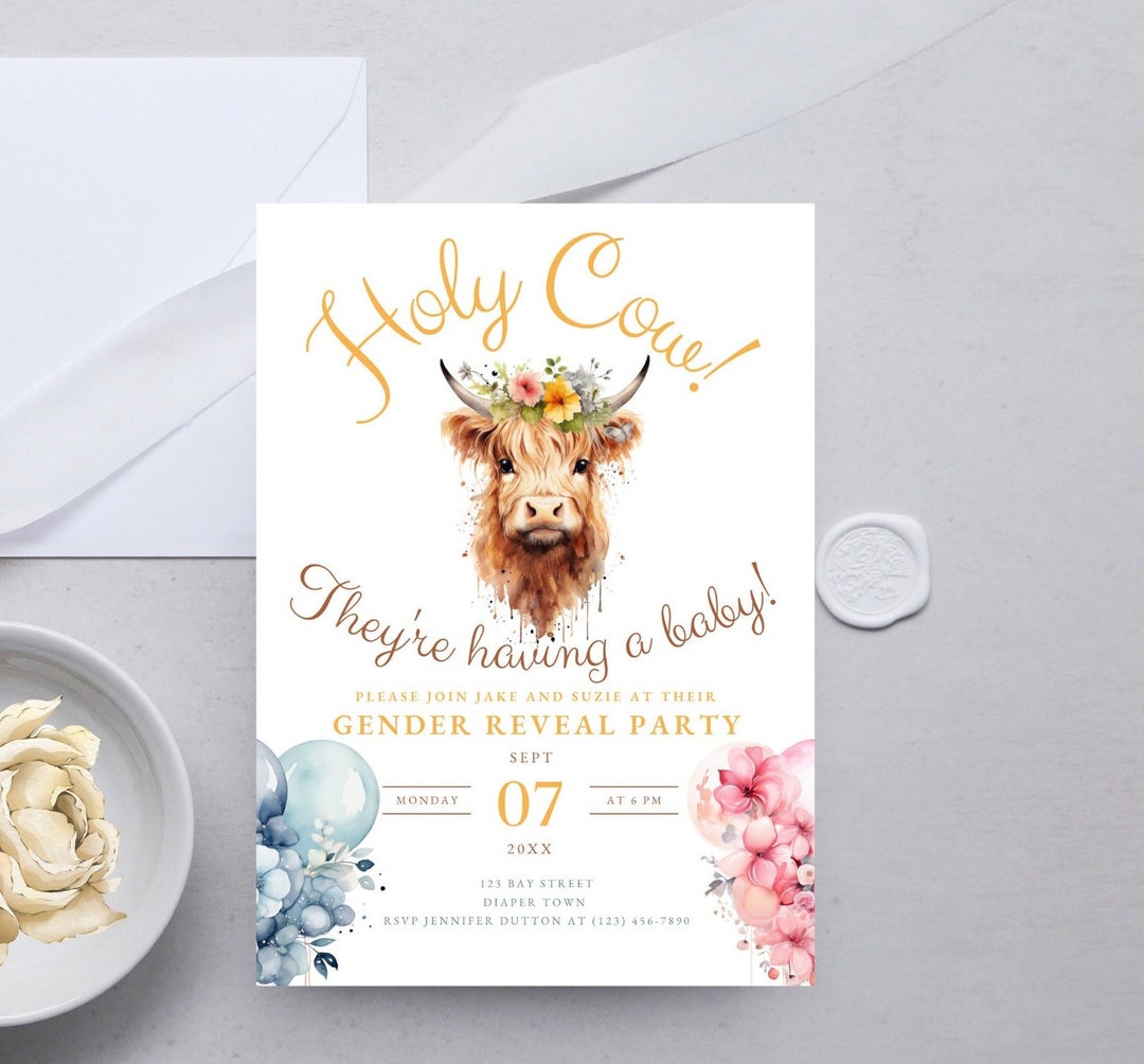 Editable Gender Reveal Invitation, Holy Cow Gender Reveal Invite, Boy ...