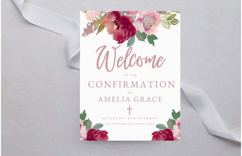 Printable Welcome Confirmation Sign, Editable Red and Blush Pink Floral ...