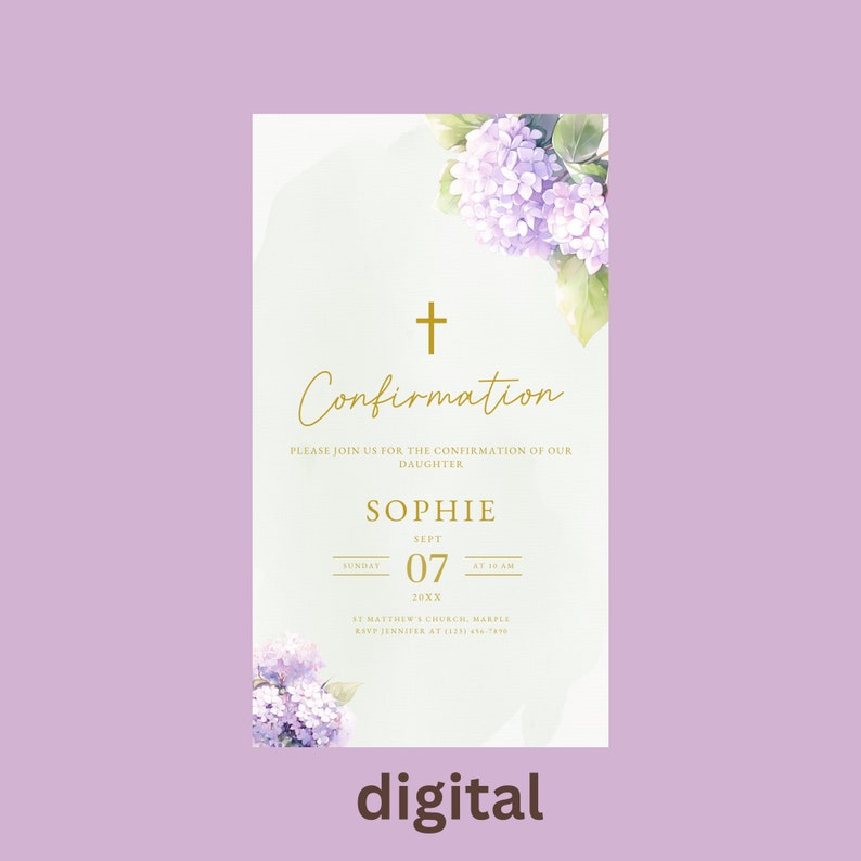 Purple Confirmation Invitation Download Digital Invitation for Confirmation Wildflower Invite ...