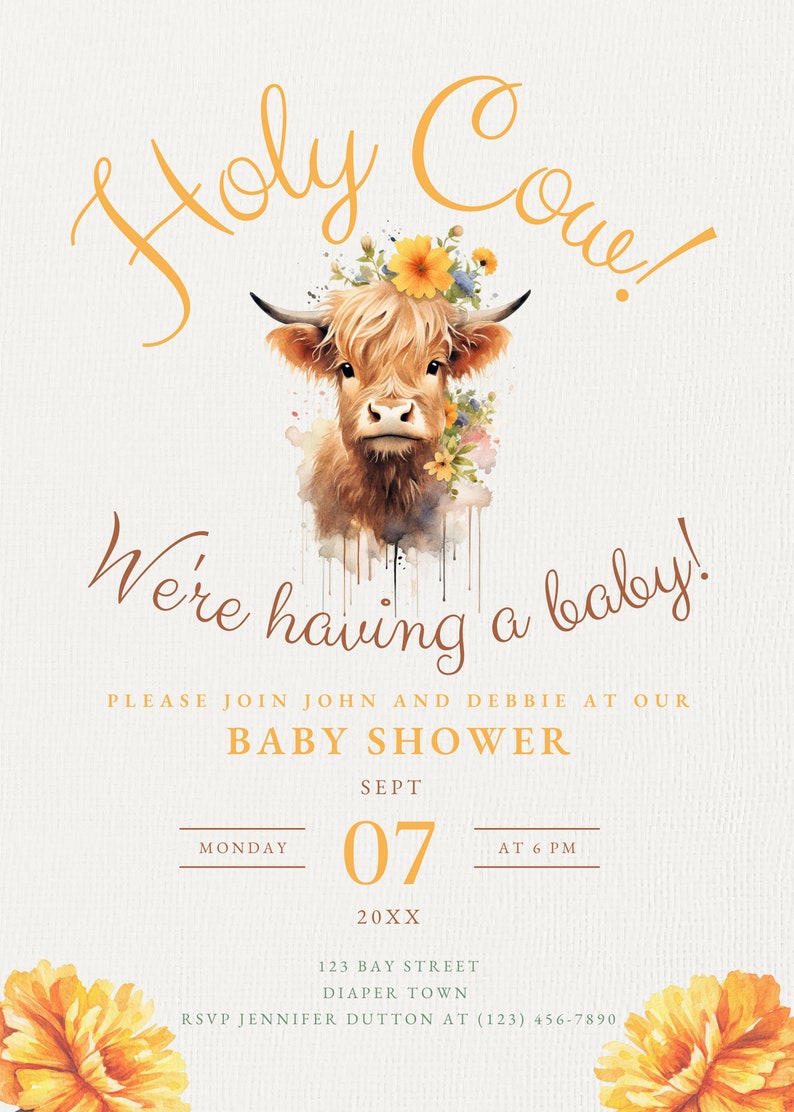 Holy Cow and Sunflower Baby Shower Invitation Holy Cow Baby Shower ...