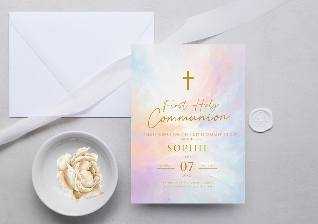 Rainbow First Holy Communion Invitation, Girls 1st Holy Communion ...