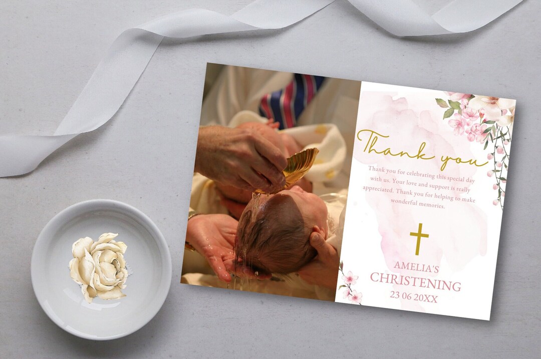 Boho Christening Thank You Card, Pink Floral Christening Thank You ...