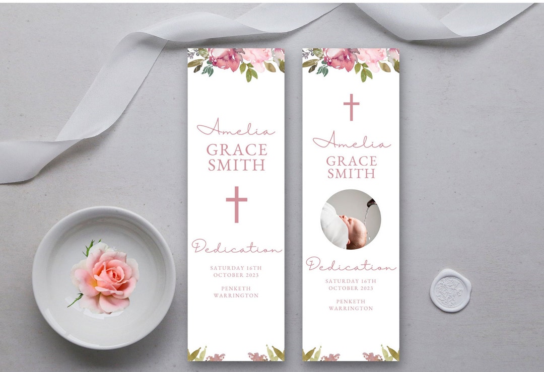 Dedication Blush Pink Floral Printable Favour Bookmark 2.1"x 8.6" 2 ...