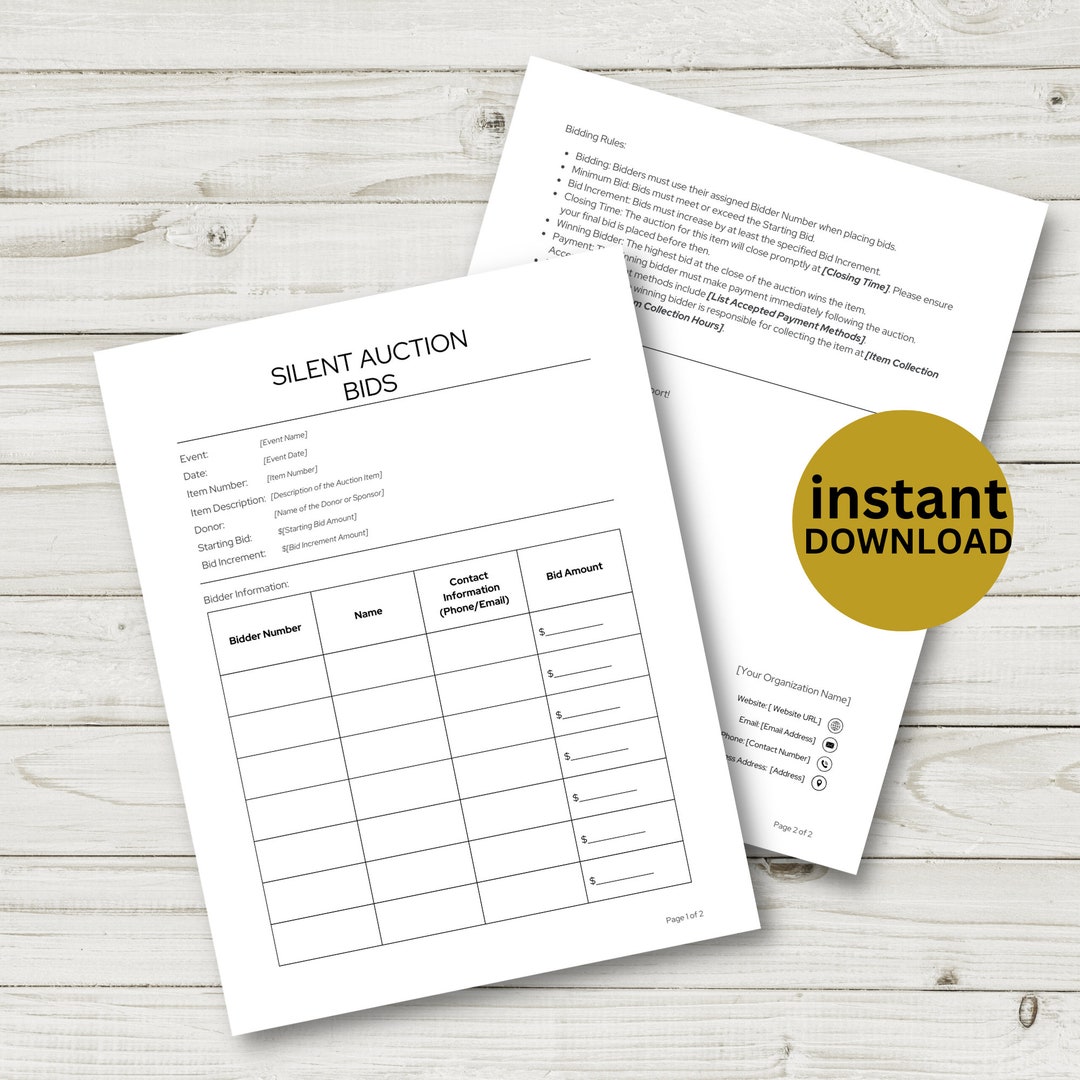 Silent Auction Bid Sheet Canva, Silent Auction Bidding Sheet Editable ...