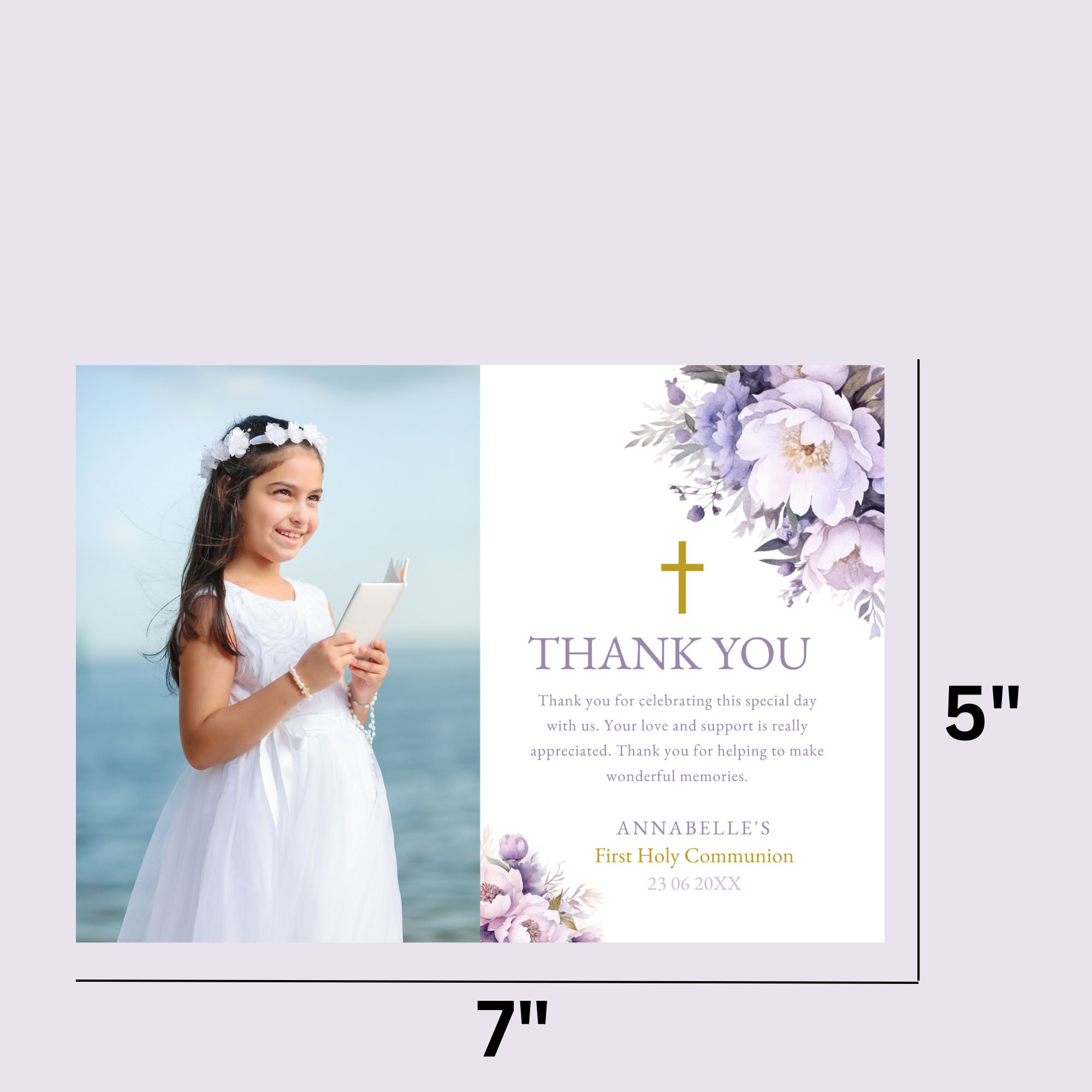 Purple Floral First Communion Thank You Template, Flower Note Card ...