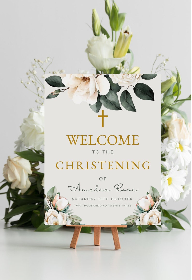 Christening Welcome Sign, Canva Instant Download, Editable Boho Card ...