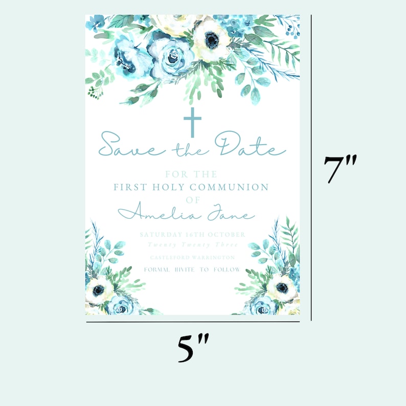 Editable Teal Green Floral Printable First Holy Communion Save the Date ...