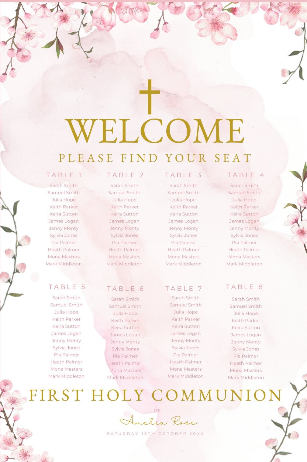 First Holy Communion Seating Chart, 1st Communion Seating Plan, Cherry ...