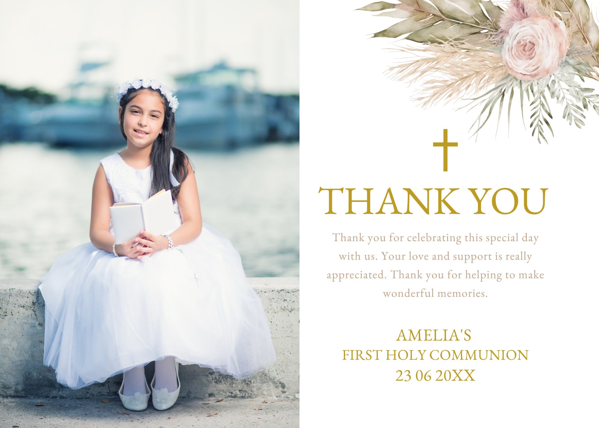 First Holy Communion Thank You Card, Photo Thank You Note, Pampas Grass ...