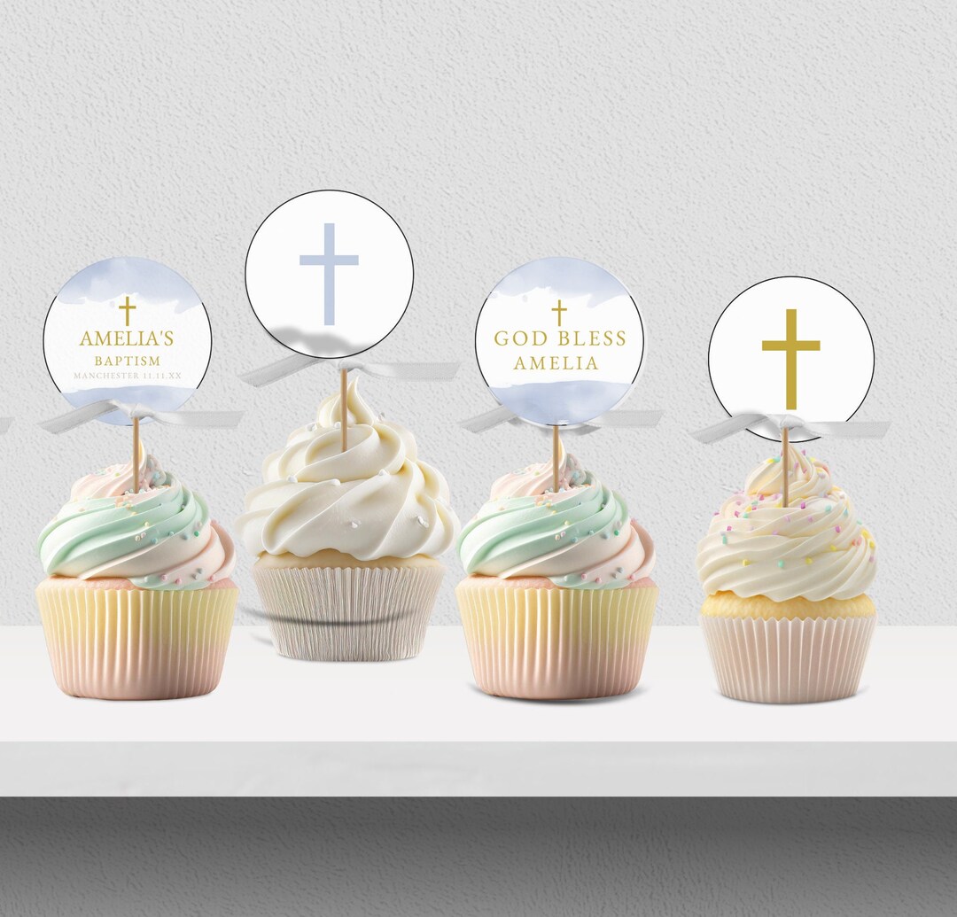 Minimal Baptism Cupcake Topper, God Bless Cake Topper, Blue and Gold ...