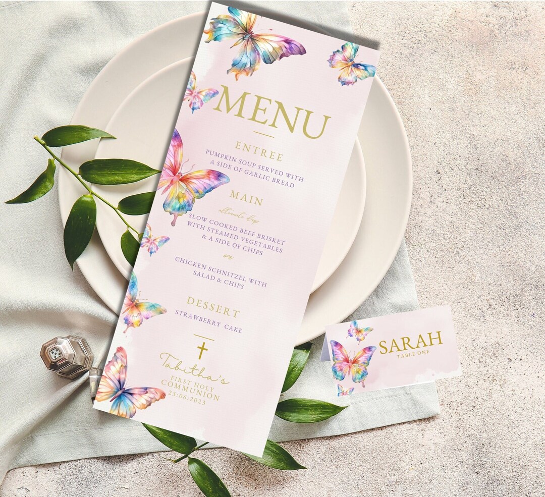 Butterfly Menu and Place Setting Template, Guest Name Tag, Boho Menu ...