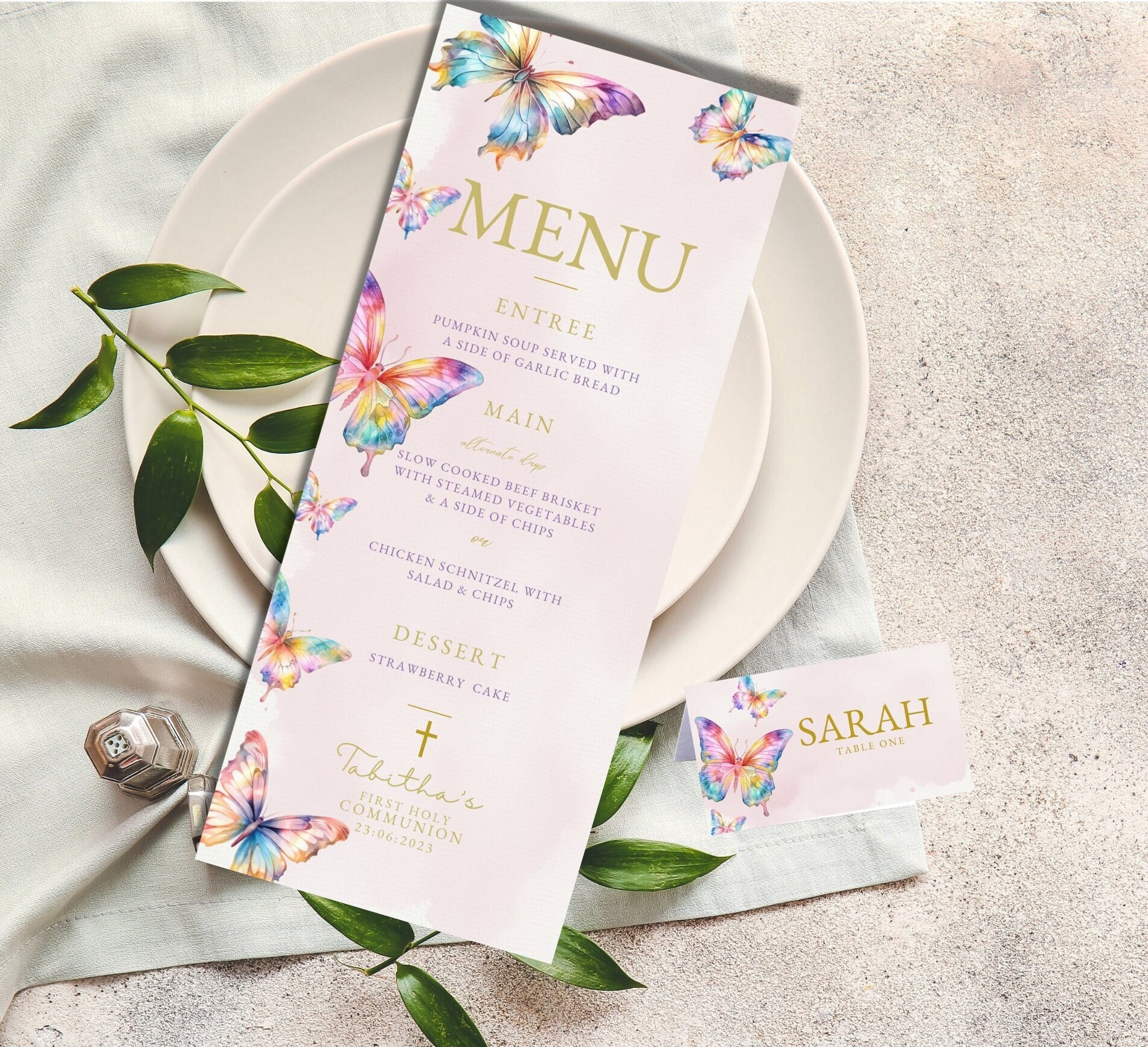 Butterfly Menu and Place Setting Template, Guest Name Tag, Boho Menu ...