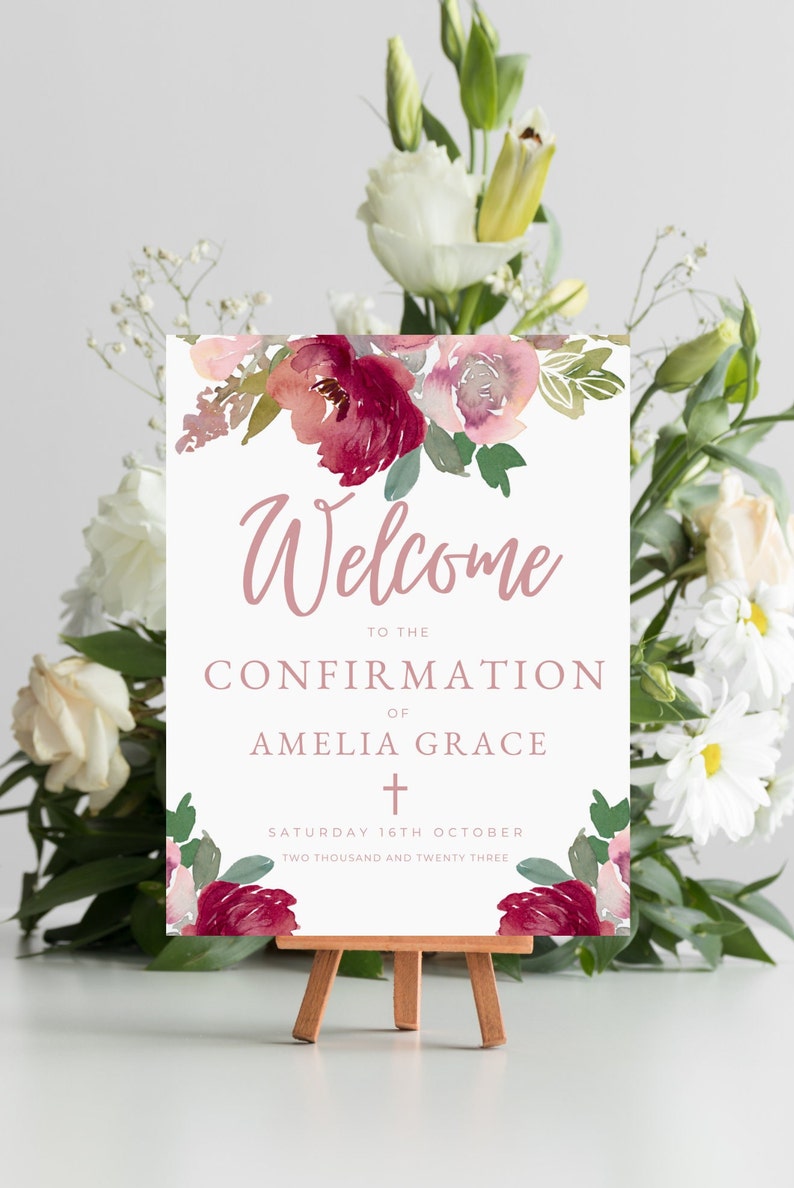 Printable Welcome Confirmation Sign, Editable Red and Blush Pink Floral ...