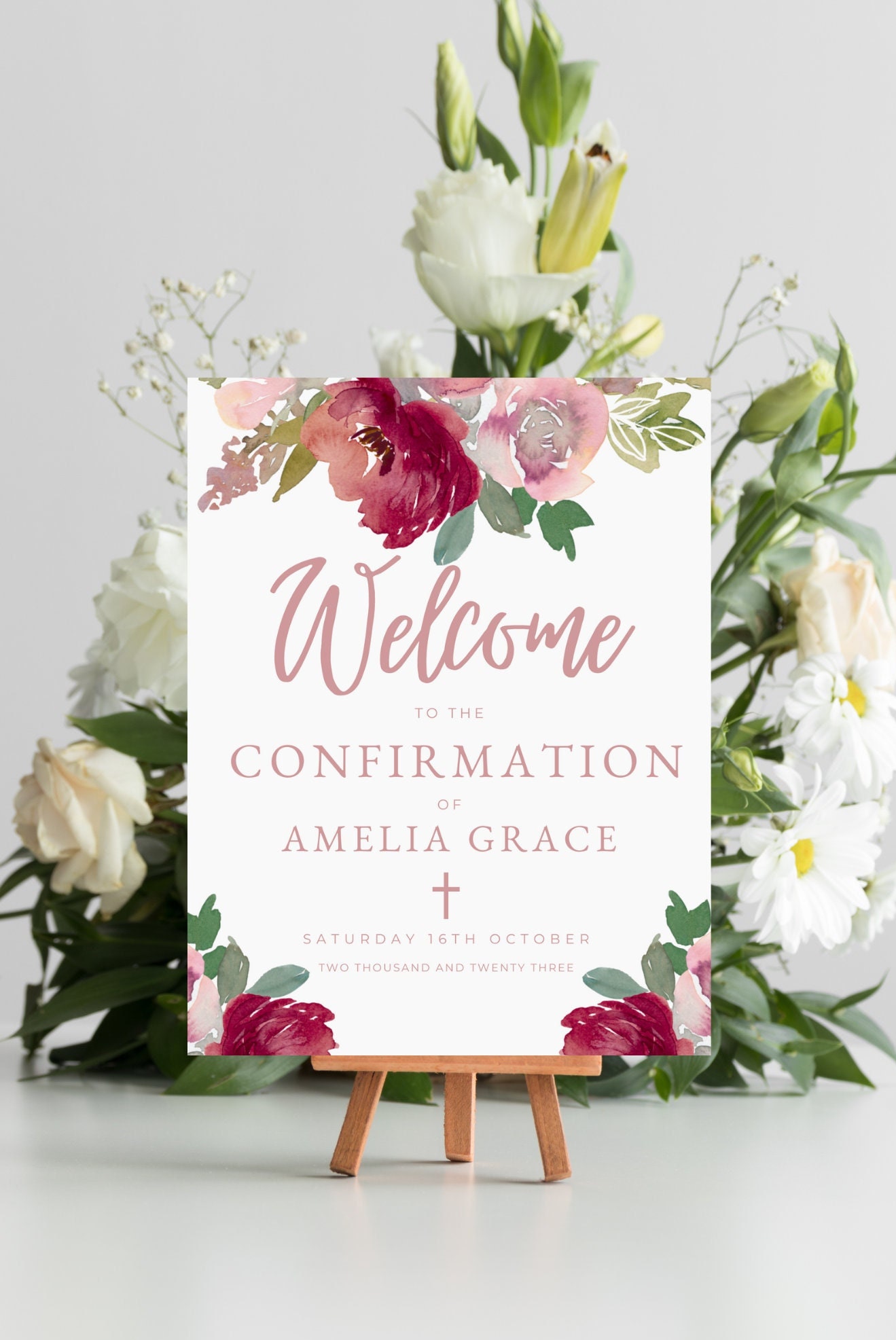 Printable Welcome Confirmation Sign, Editable Red and Blush Pink Floral ...