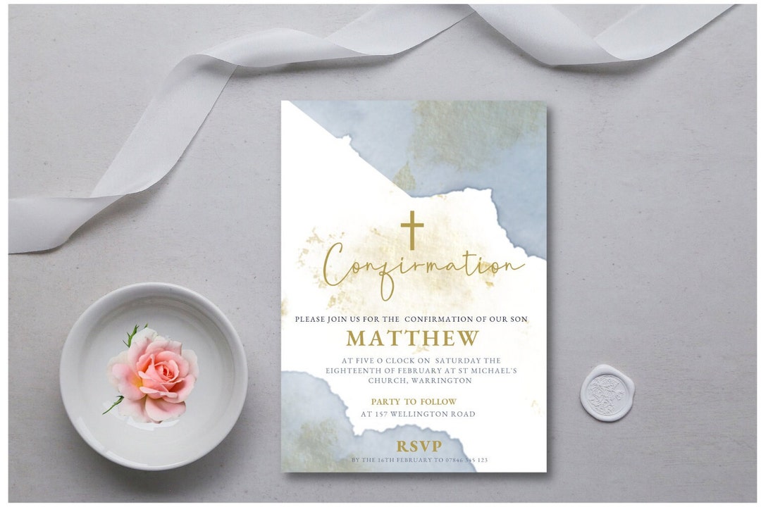 Confirmation Invitation Boy, Dusky Blue and Gold, Blue Watercolour ...