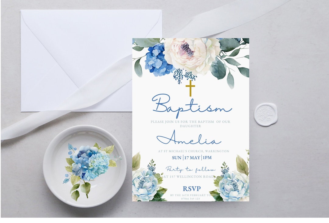 Printable Baptism Party Invitation Template, Blue Floral Baptism Invite ...