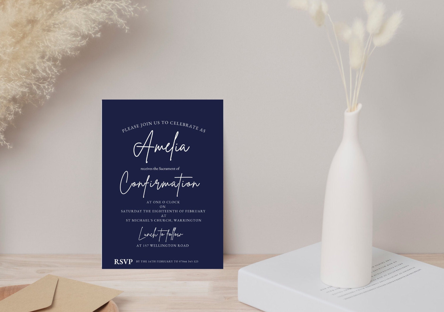 Modern Minimalist Confirmation Invitation Template Navy With White Text ...