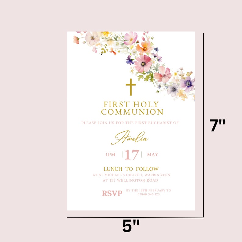 Pink First Holy Communion Invitation, Floral Watercolor Communion ...