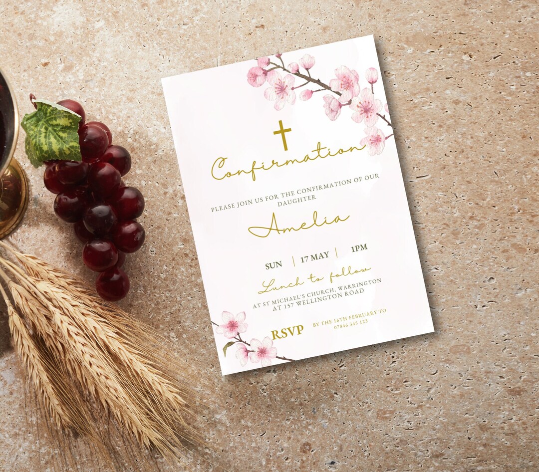 Blush Pink Confirmation Invitation Editable Template Cherry Blossom ...