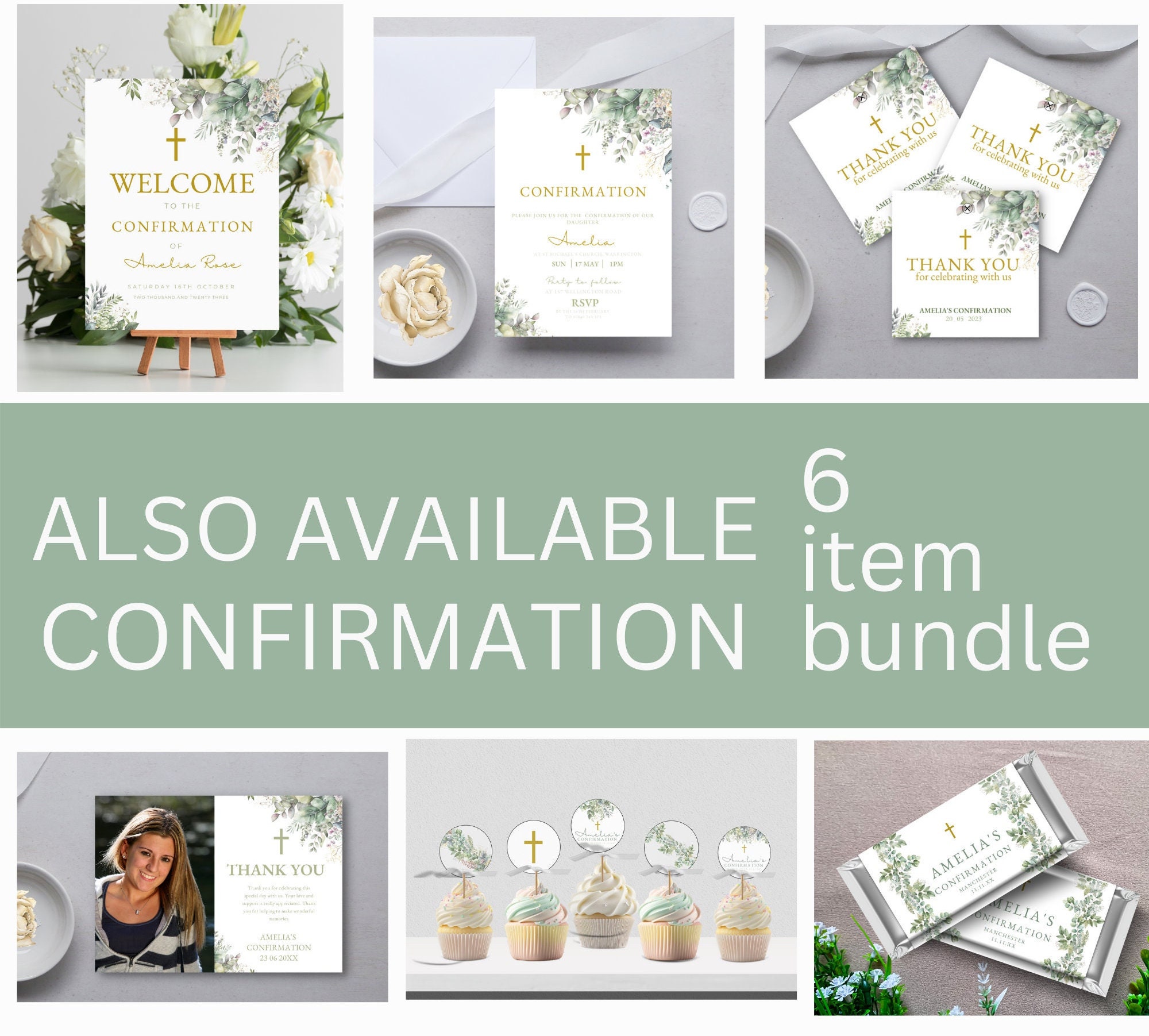 Confirmation Cupcake Toppers, Greenery Cake Toppers, Printable Green ...