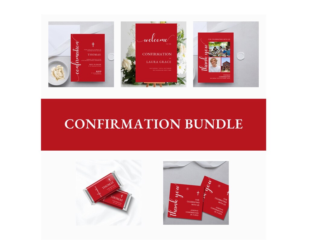 Modern Confirmation Bundle, Red Confirmation Pack, Invite, Sign, Thank ...