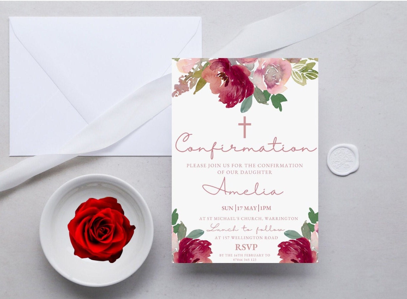 Printable Confirmation Invite, Pink and Red Floral Confirmation ...