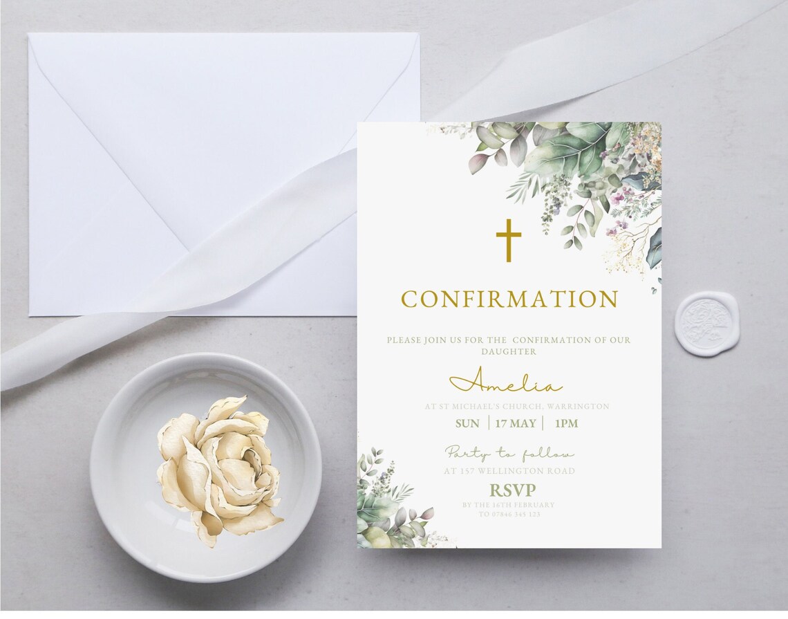 Greenery Confirmation Invitation, Boy Confirmation Invite Template ...