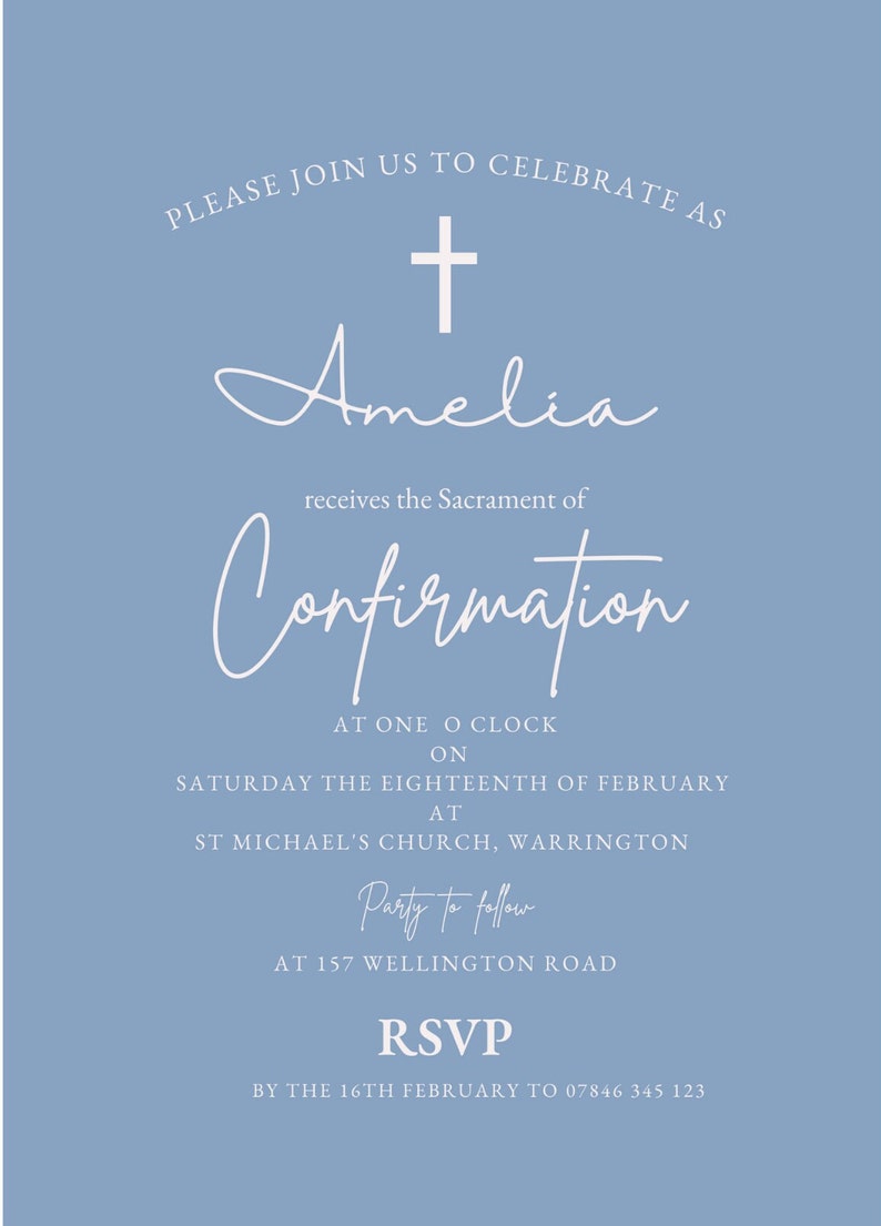 Minimalist Confirmation Invitation Template, Blue Modern Confirmation ...