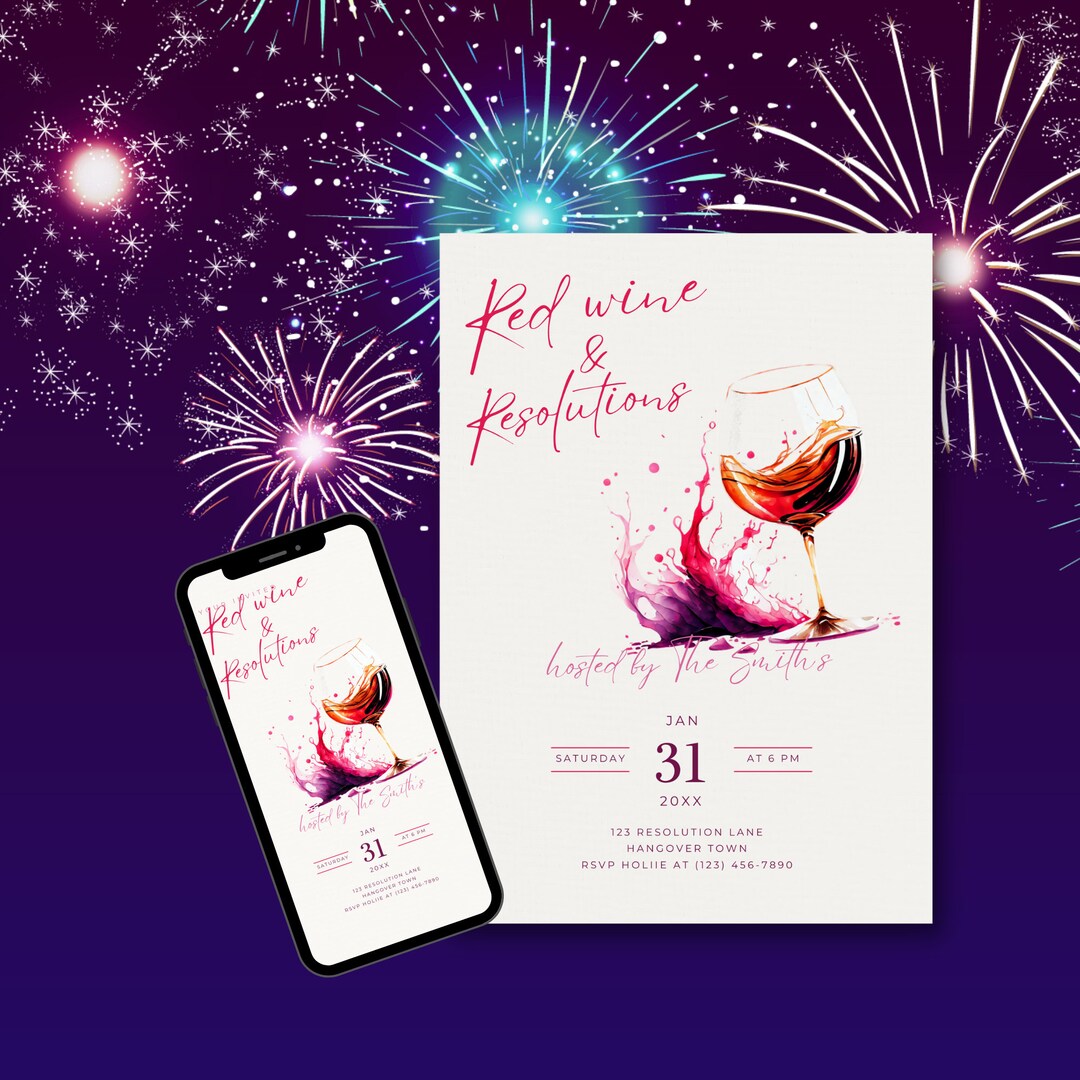 Nye Party Invite, New Year's Eve Party Invitation, Red Wine and ...