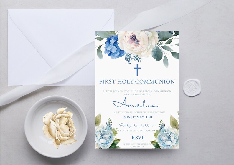 First Holy Communion Invitation Bundle, EDITABLE Template, Blue Floral ...