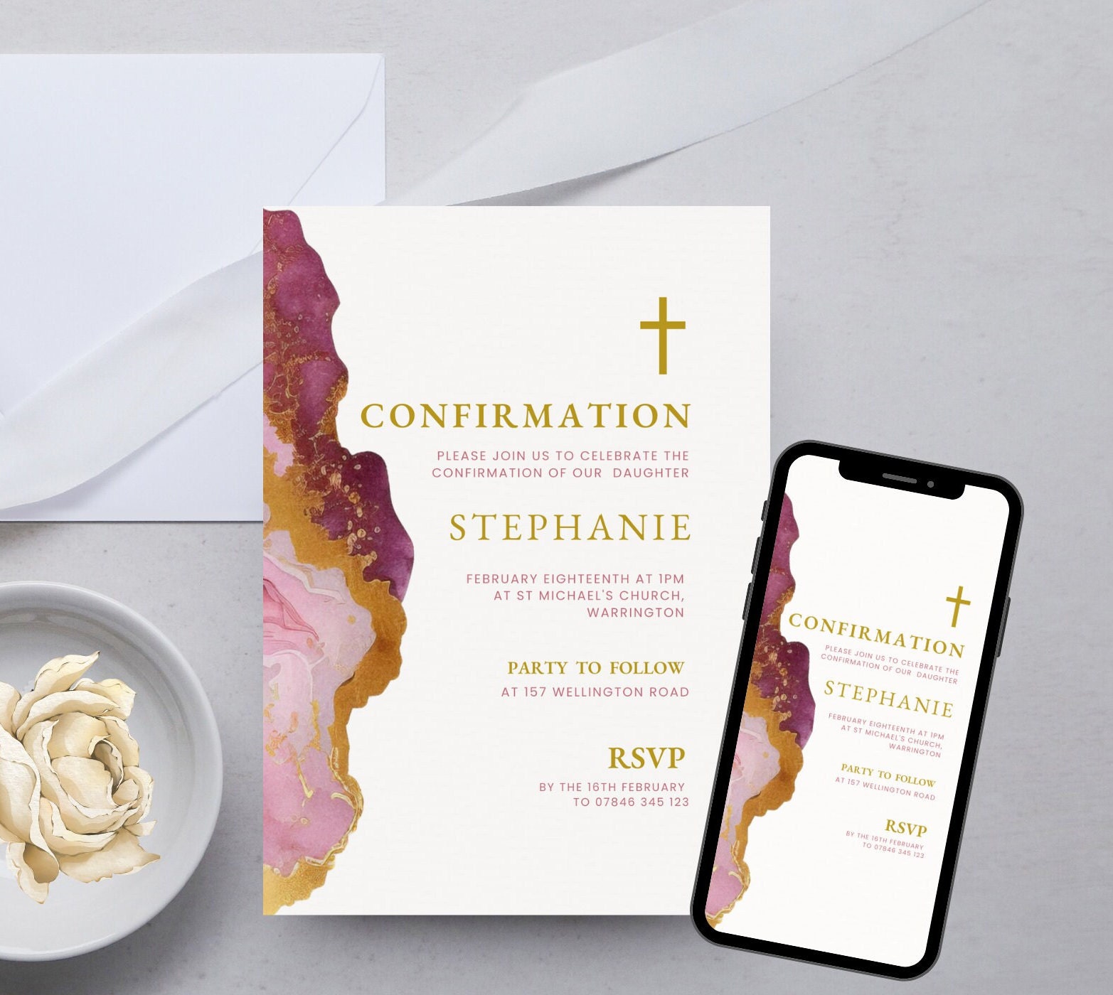 Girl Confirmation Invitation Template, Hot Pink Confirmation Digital ...