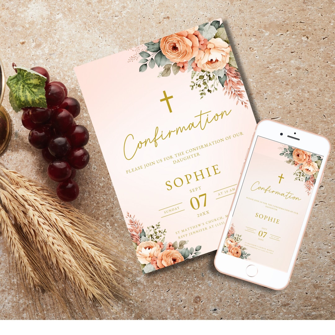 Peach Floral Confirmation Digital Invitation, Girls Confirmation ...