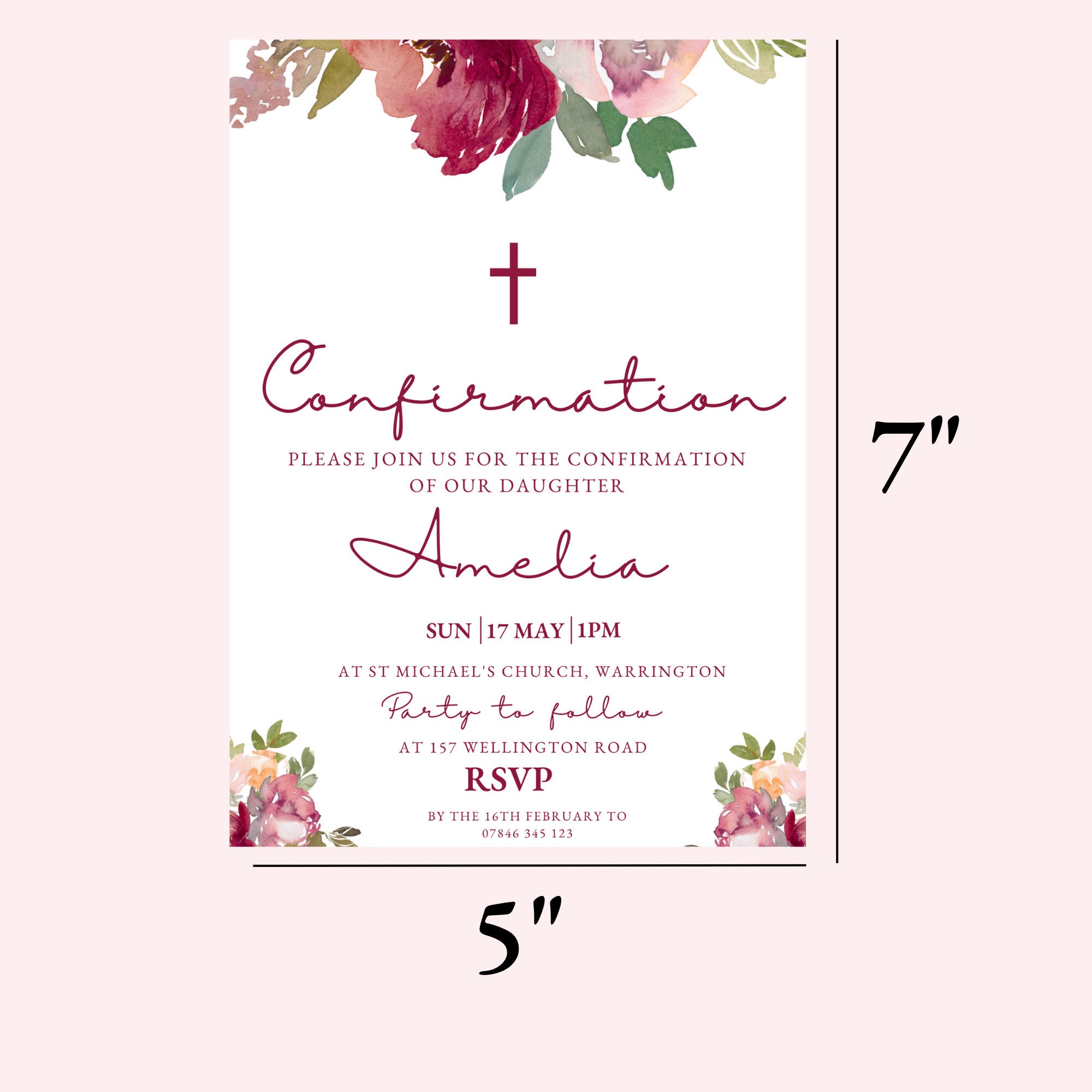 Red Floral Confirmation Invitation Template, Printable Confirmation ...