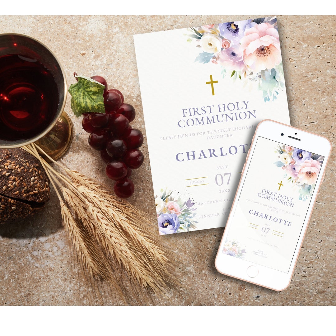 Purple Floral First Communion Invitation Template Boho Girl 1st Holy ...