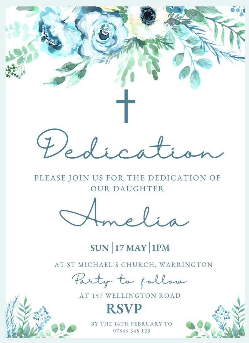 Printable Greenery Dedication Invitation Pack, Printable Dedication ...