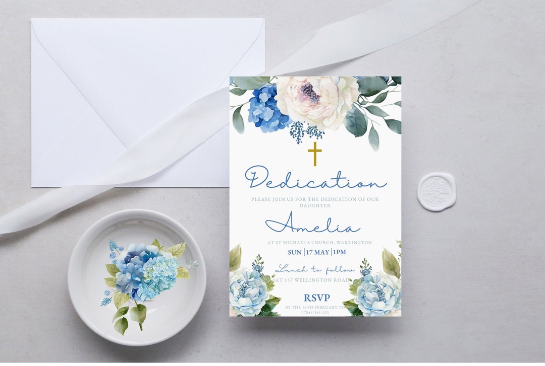 Printable Dedication Invitation, Girl Dedication, Blue Floral ...