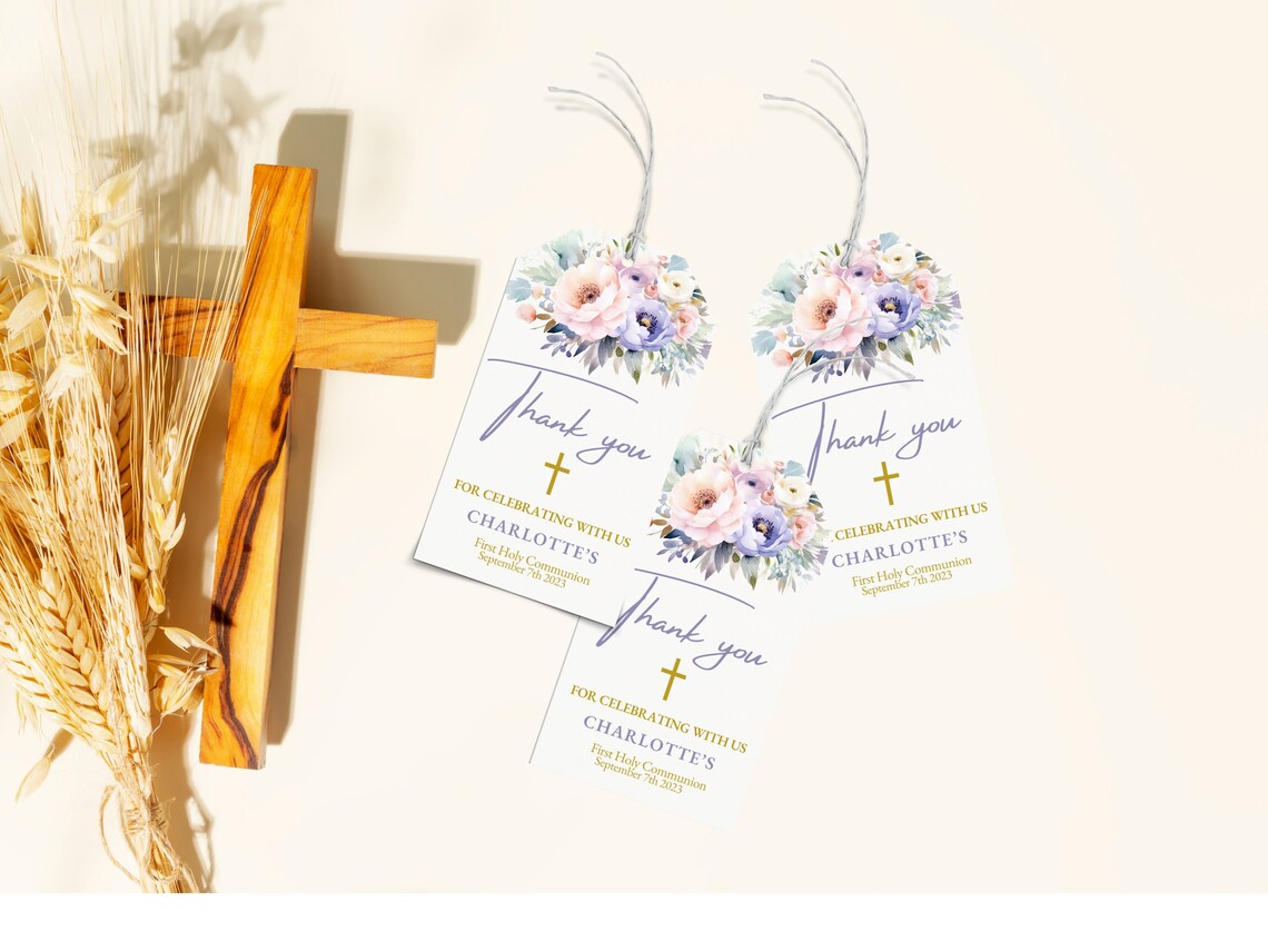 Purple Floral First Communion Favor Tags, Boho Girls 1st Holy Communion ...