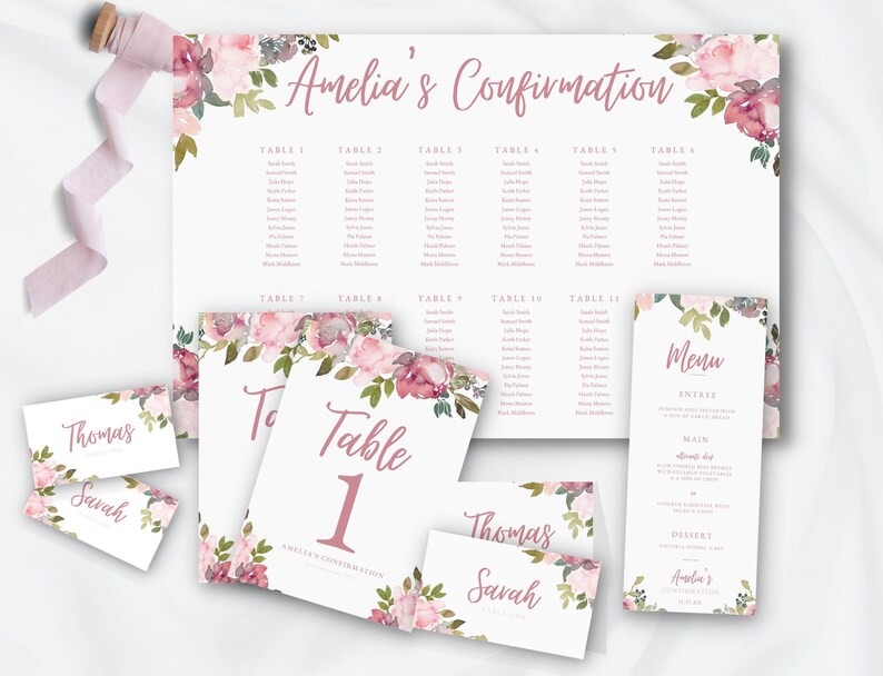 Canva Seating Chart Kit, Printable Blush Pink Floral Confirmation Seat Plan, Table Number, Place ...