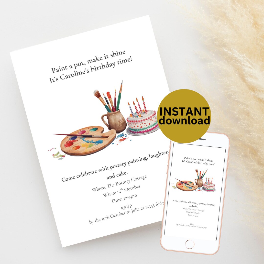 Pottery Painting Invitation Editable Art Birthday Party Invite Template ...