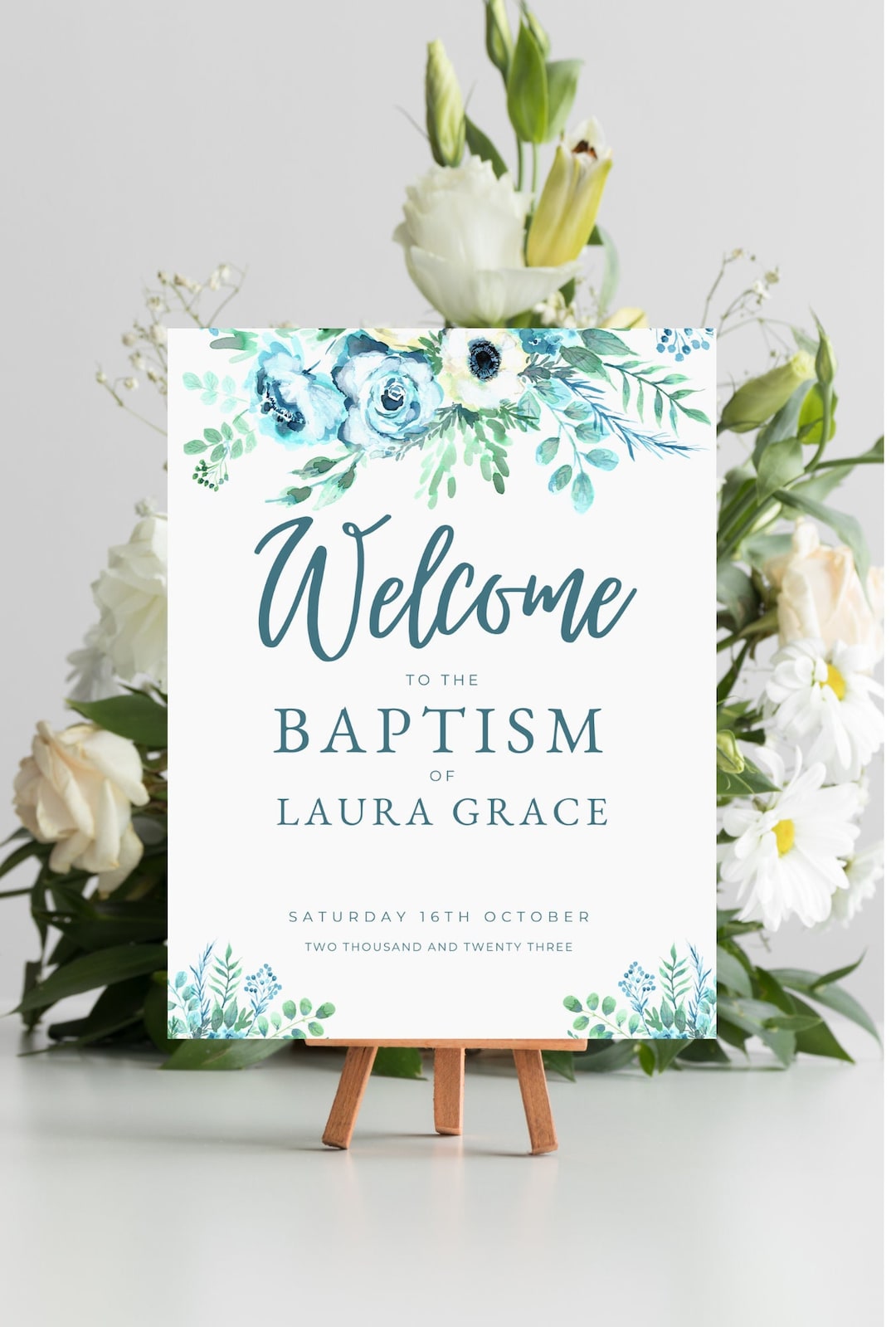 Printable Welcome Baptism Sign, Editable Teal and Cream Floral ...
