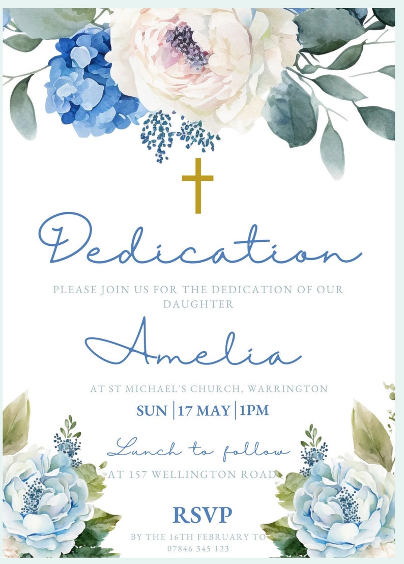 Printable Dedication Invitation, Girl Dedication, Blue Floral ...